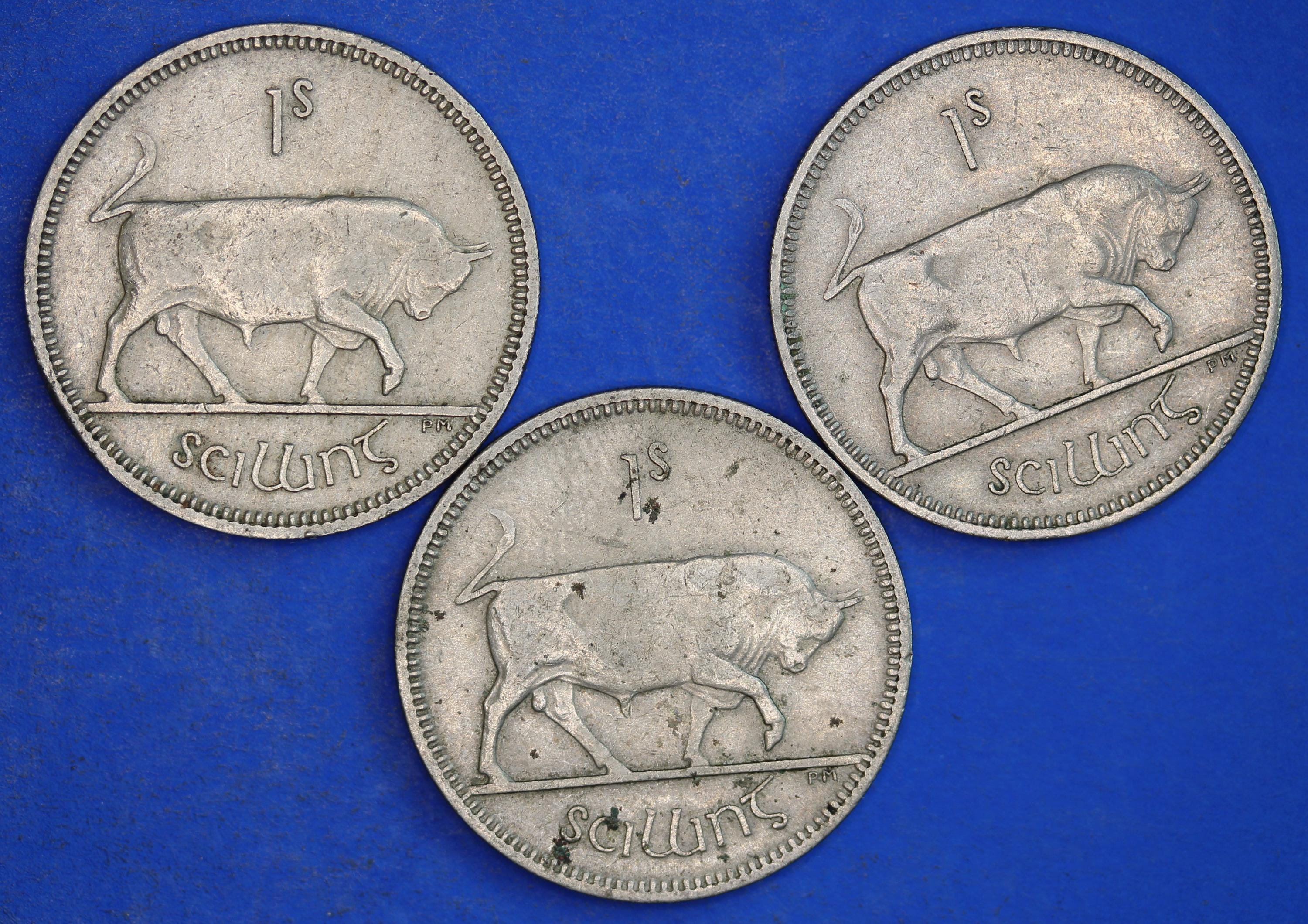 GENUINE 3x Irish shillings Ireland EIRE coins, Various Dates, Bull Coi ...