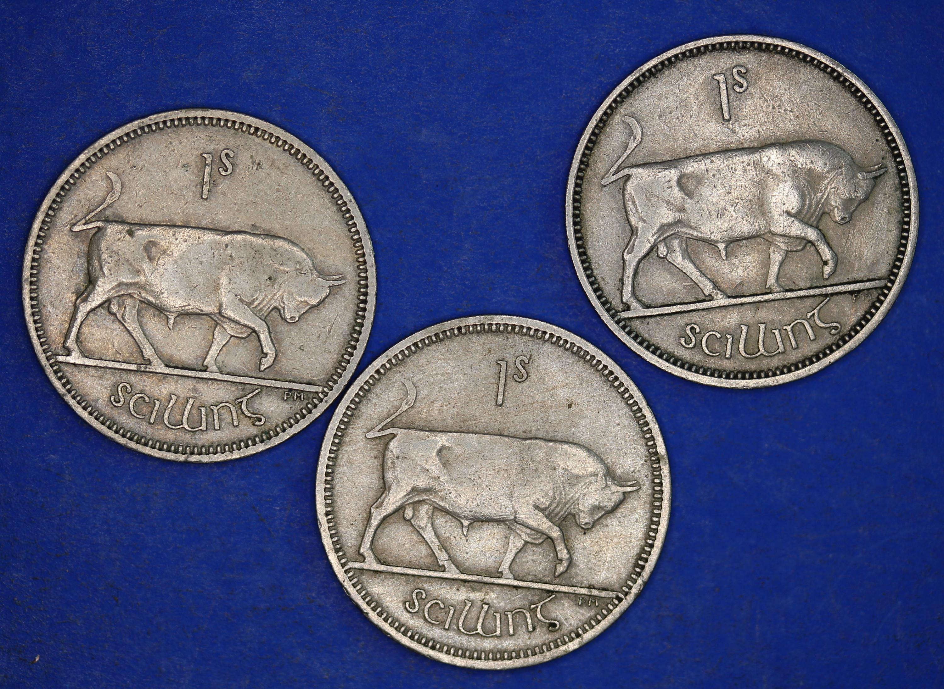GENUINE 3x Irish shillings Ireland EIRE coins, Various Dates, Bull Coi ...
