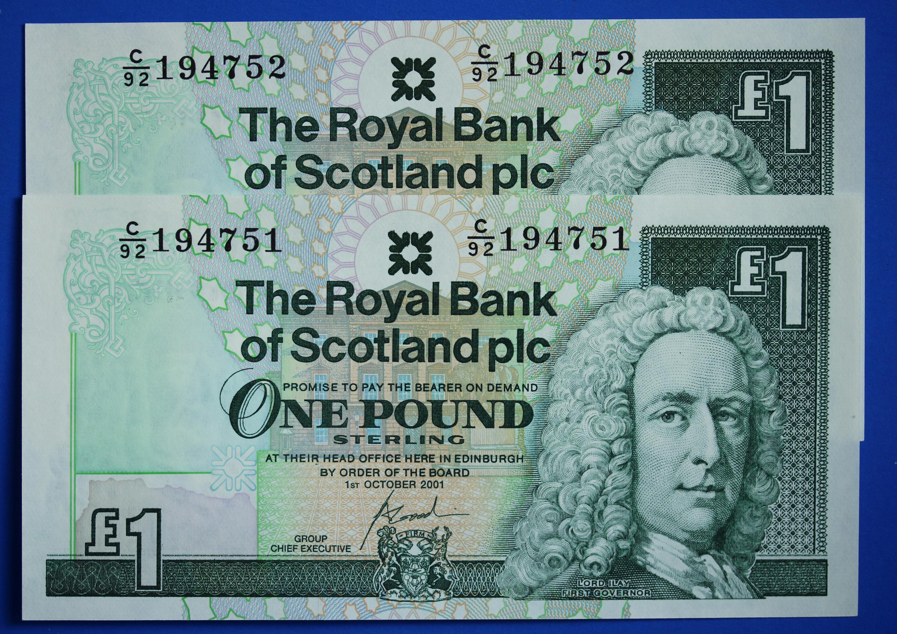 2 Royal Bank of Scotland plc One Pound Banknotes, Consecutive Numbers ...