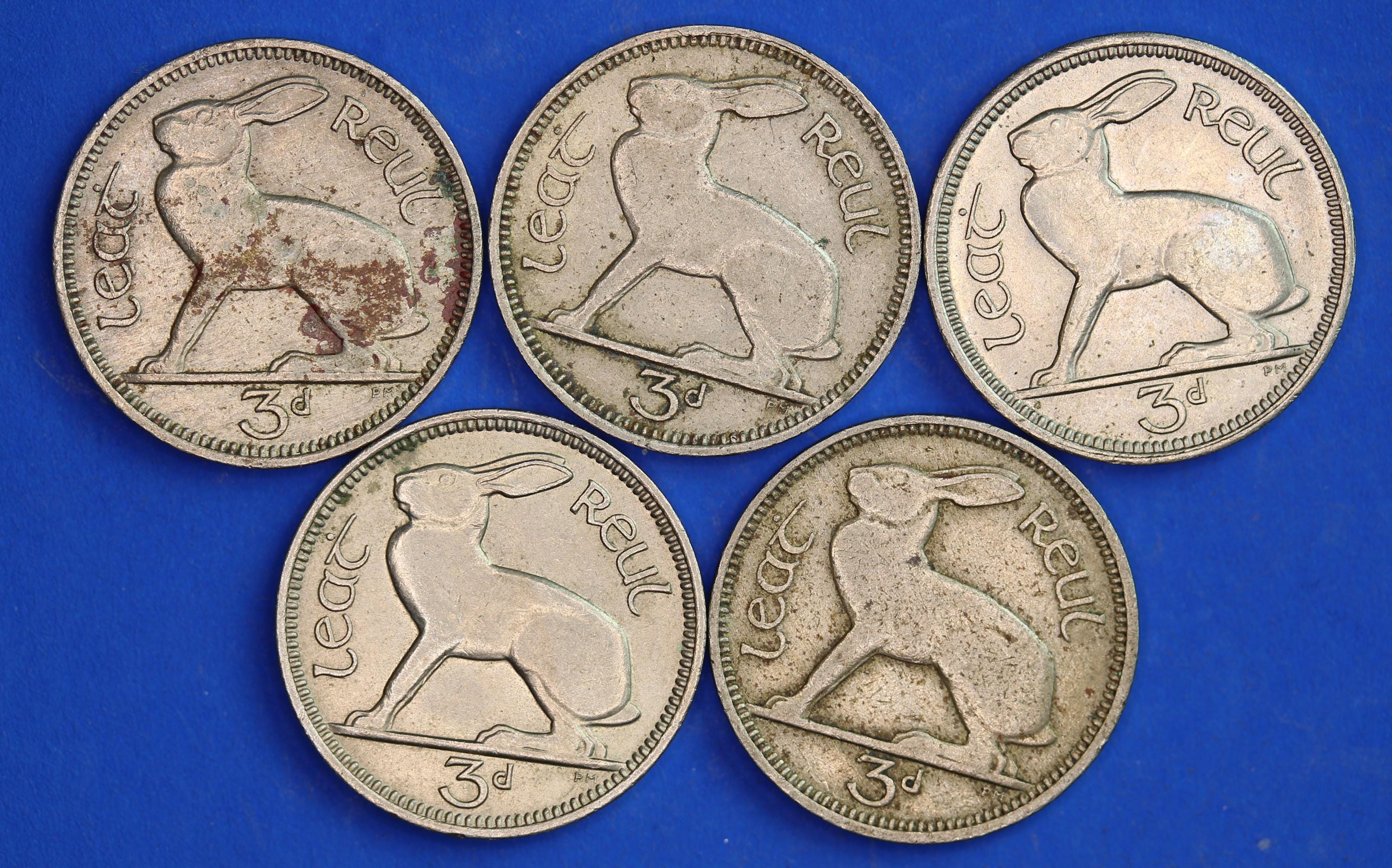 GENUINE 5 Irish Threepences 3d Ireland EIRE, Irish Hare coins, various ...