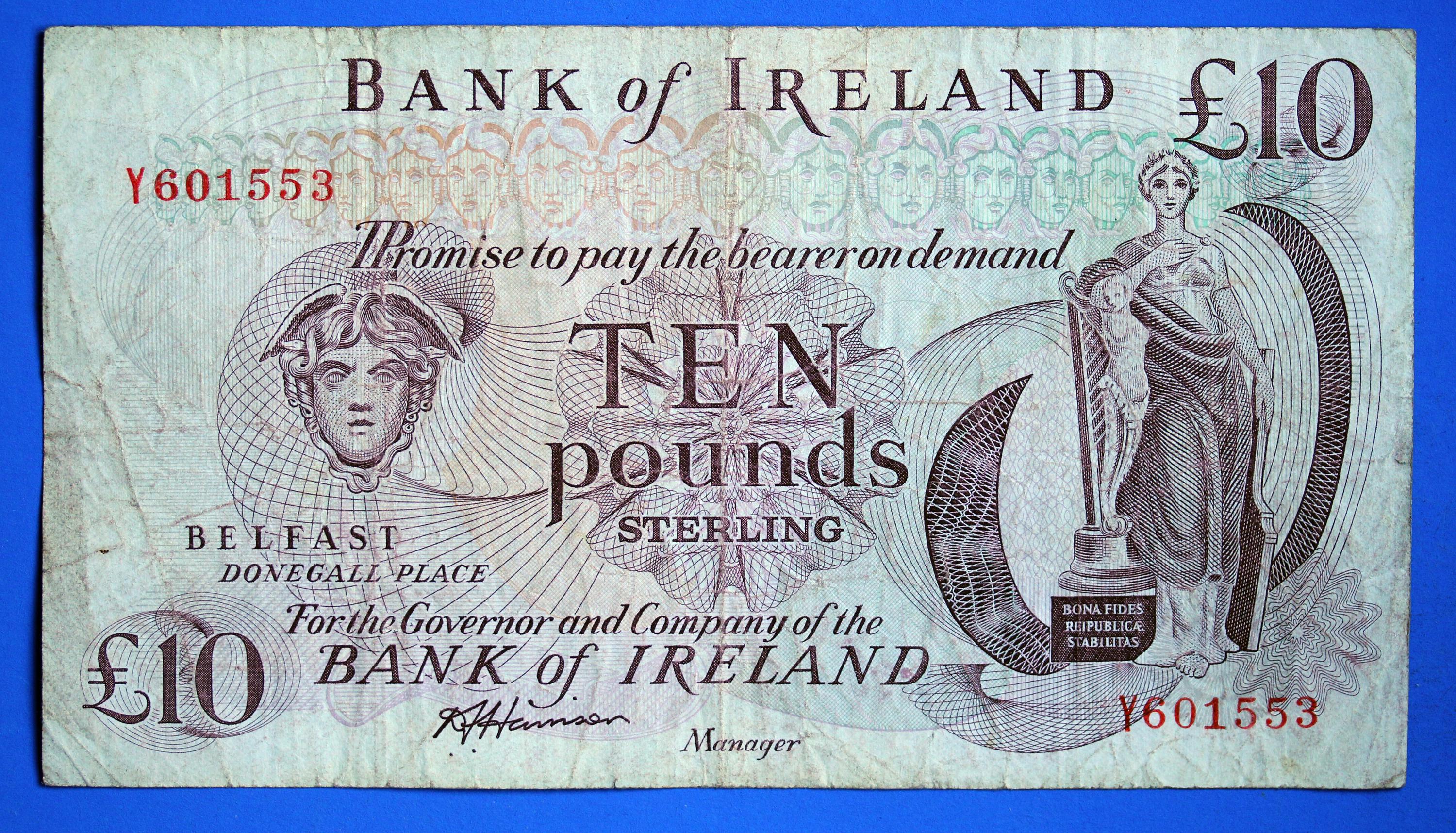1984 Bank of Ireland Ten Pound Banknote, Northern Ireland, Harrison "Y ...